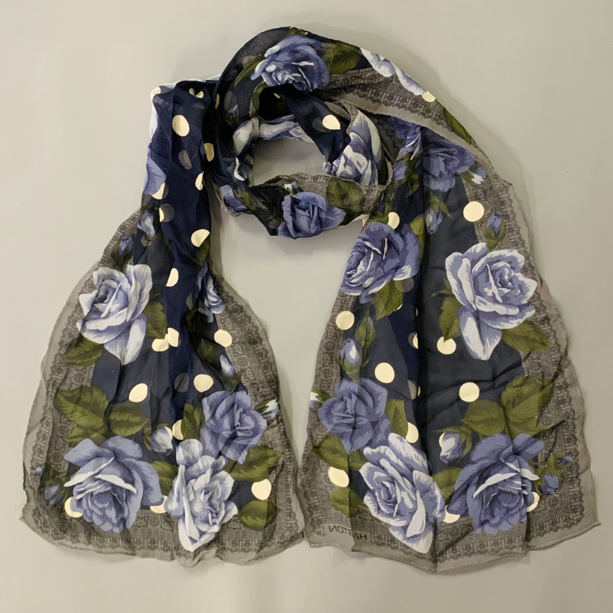 HALSTON Blue Green White Polka Dot Floral Roses Silk Scarf – Sui ...