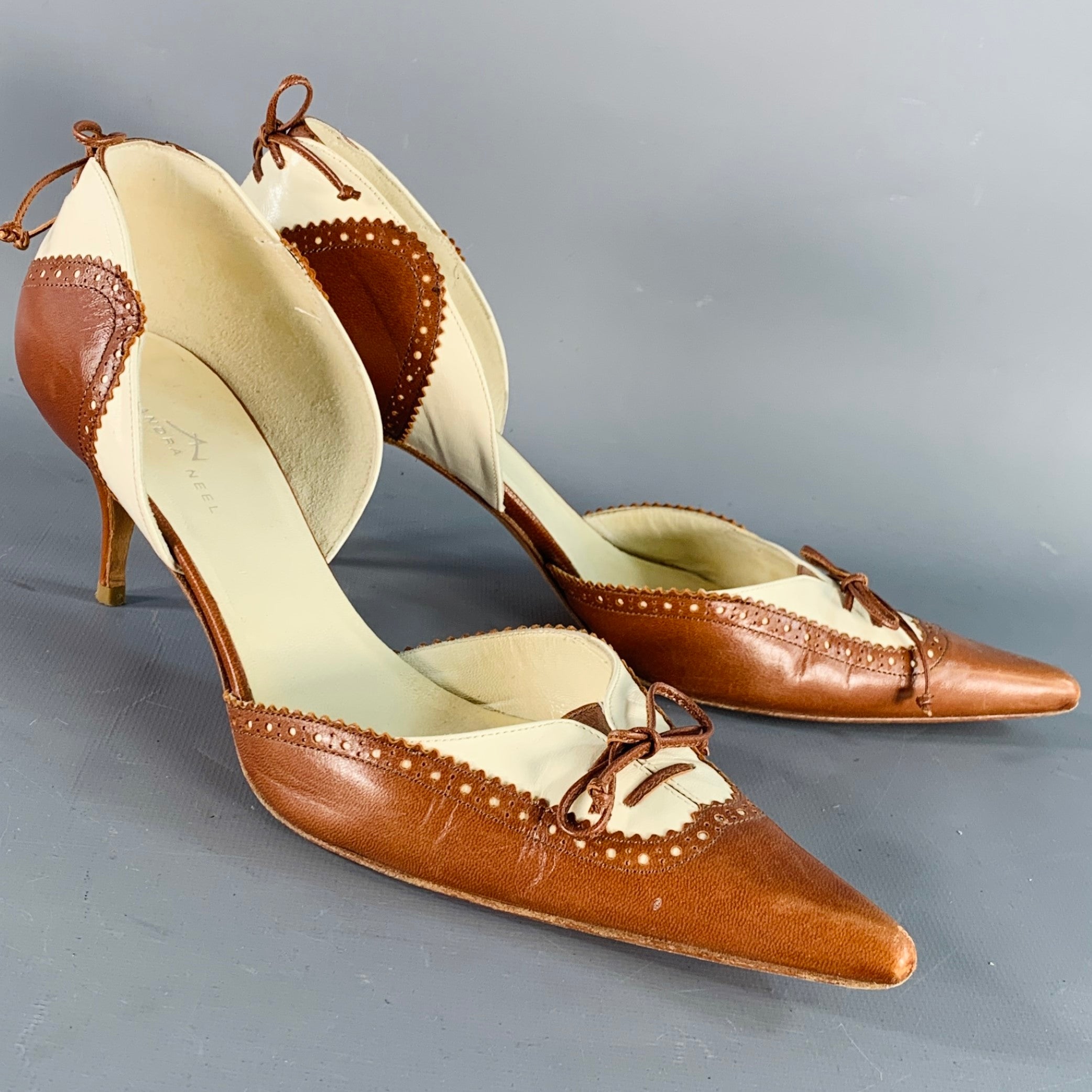 ALEXANDRA NEEL Size 7 Brown Cream Perforated Pointed Toe D'Orsay Kitte ...