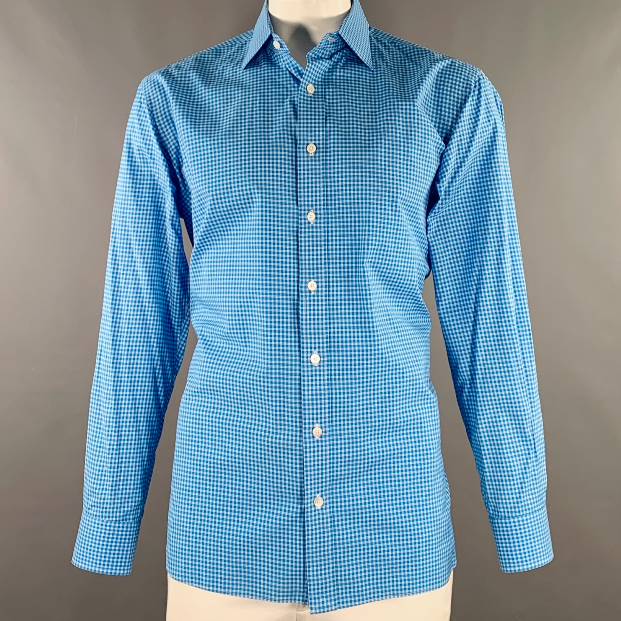 HAMILTON Size XXL Blue Aqua Checkered Cotton Curved Cutaway Long Sleev ...