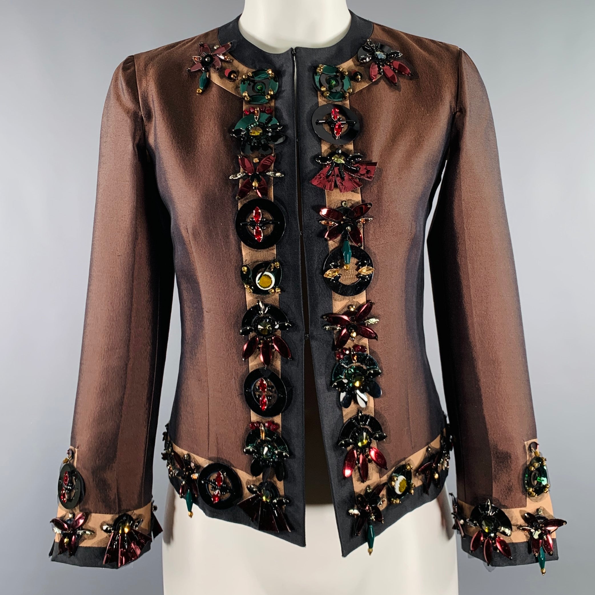 PRADA SS05 Size 2 Brown Black Wool Silk Embellishment Jacket Blazer ...